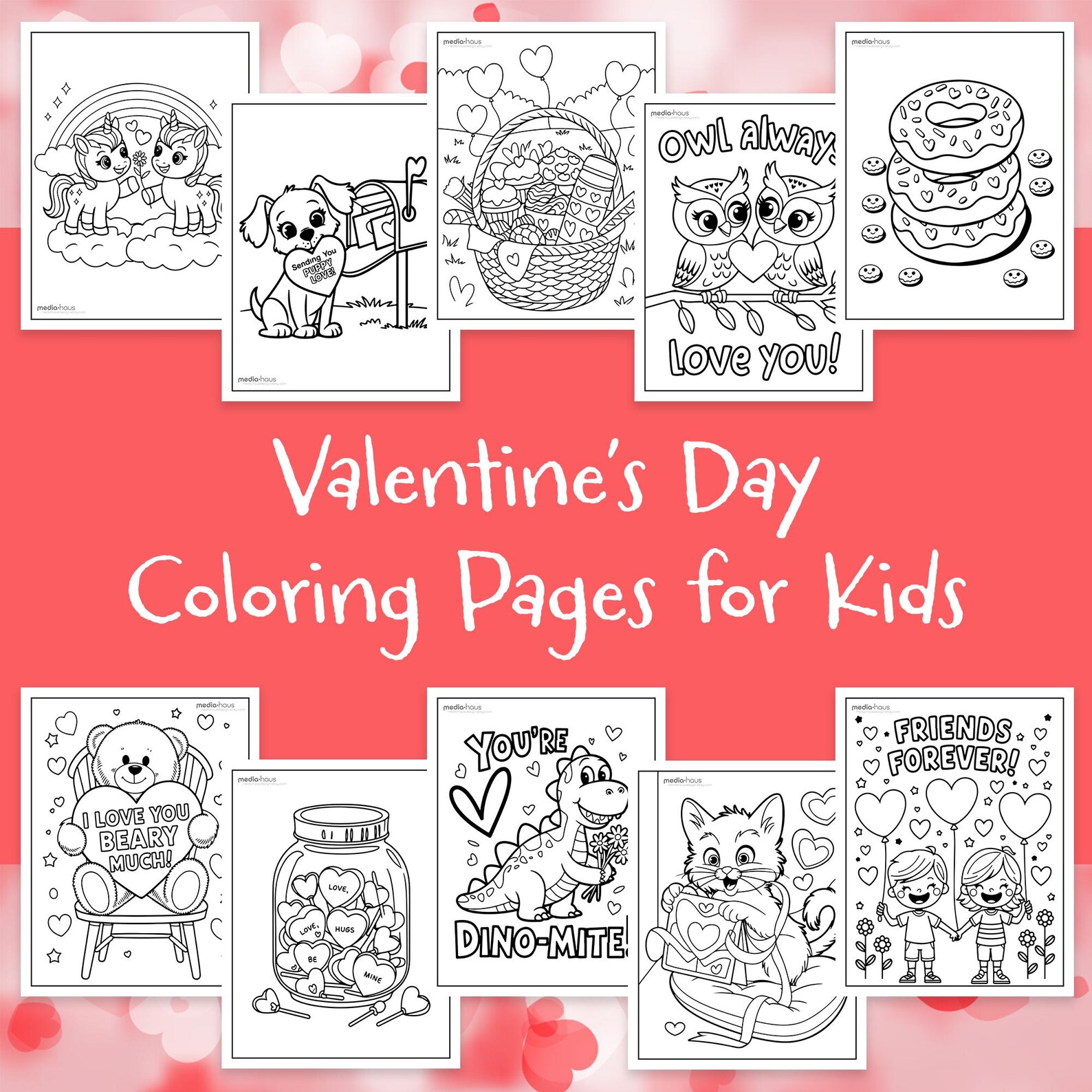 Kids Valentine Coloring Pages | Digital Printable | 10 Valentine-themed ...