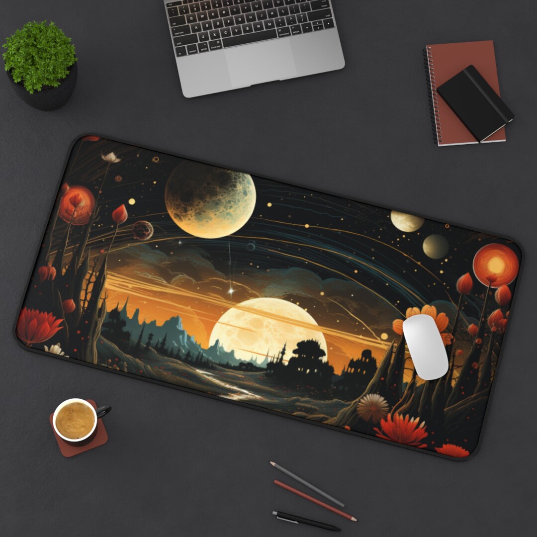 Cottage Core Desk Mat Gift Moon Cosmos Large Gaming Floral Moonphase ...