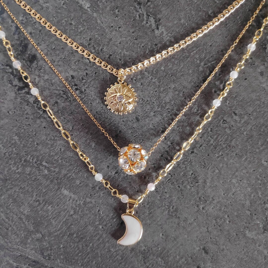 Sun Moon Multi-row Necklace, 3-row Stainless Steel Necklace Moon and ...