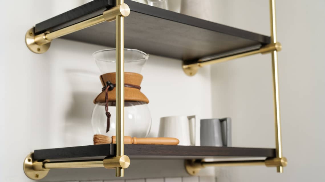 Modular Brass French Bistro Shelving Unit - Glass and Wood Shelving Available | the Origin ...