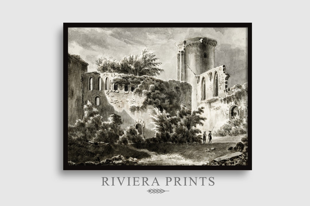 Vintage Castle Drawing Medieval Châteaux Wall Art Castle Tower ...