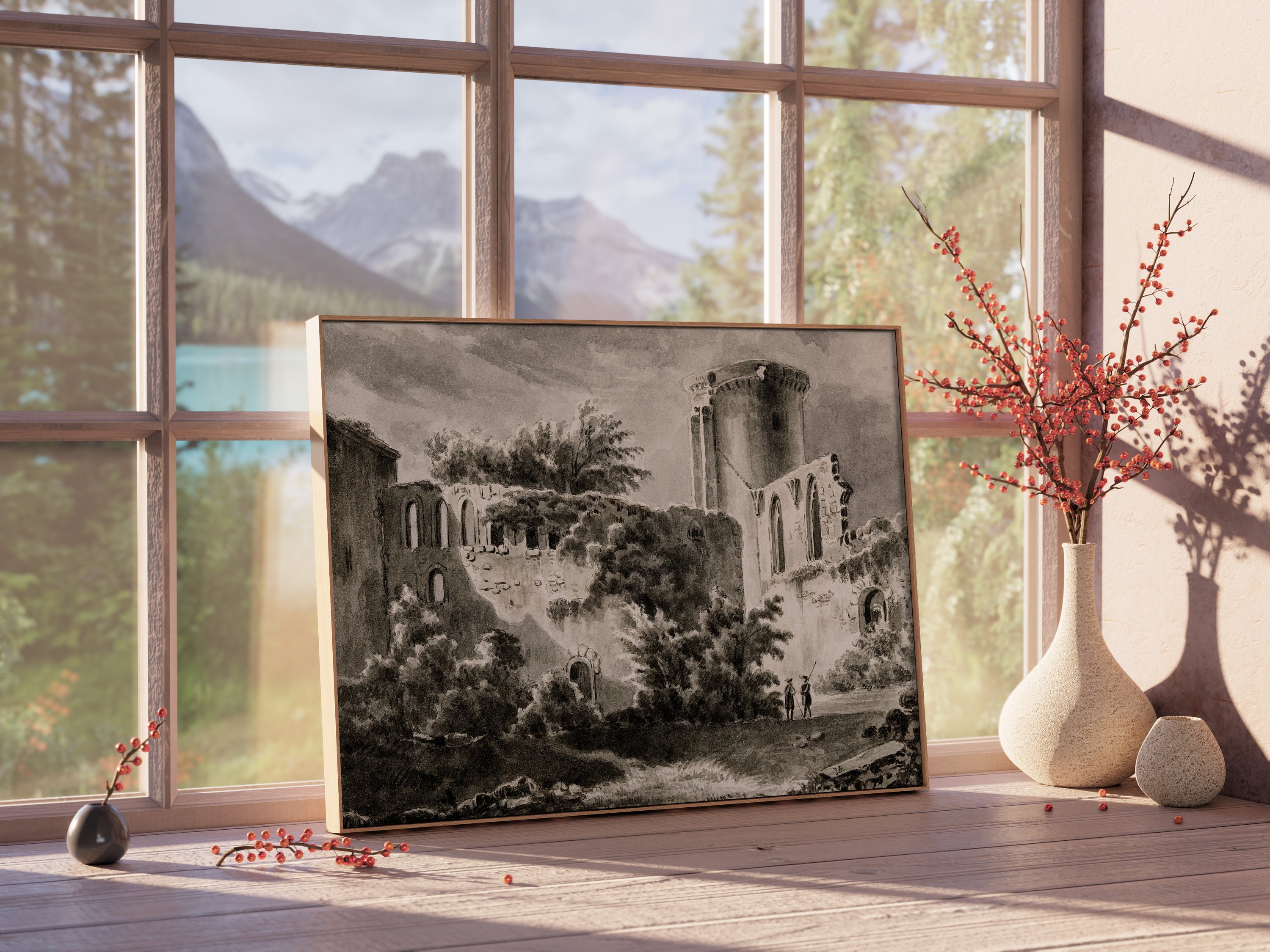 Vintage Castle Drawing Medieval Châteaux Wall Art Castle Tower ...