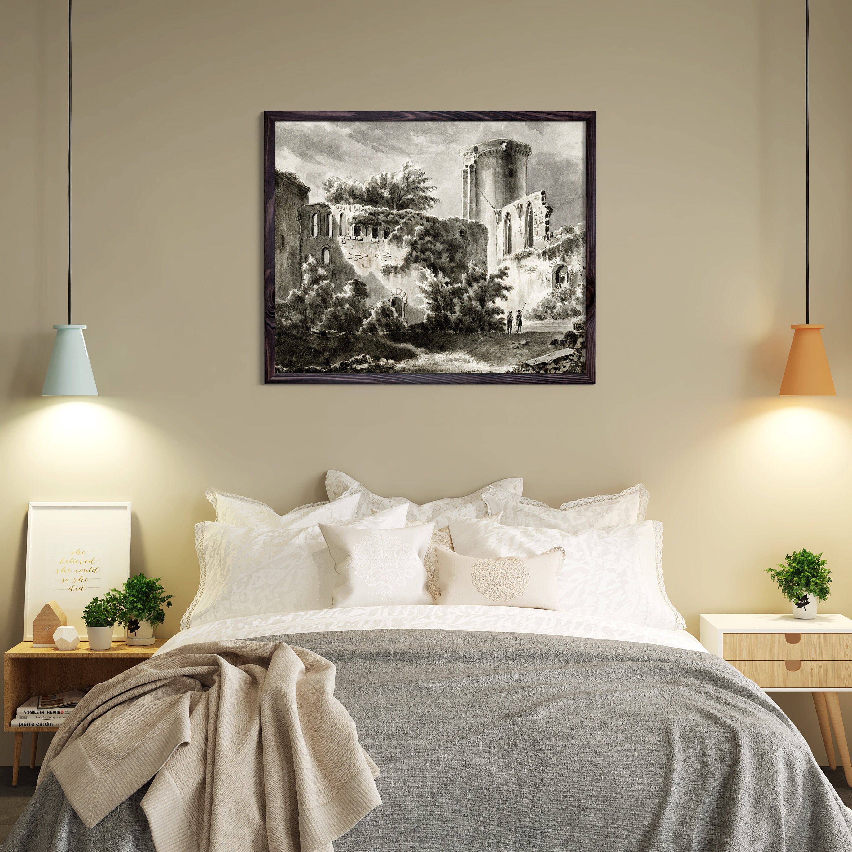 Vintage Castle Drawing Medieval Châteaux Wall Art Castle Tower ...