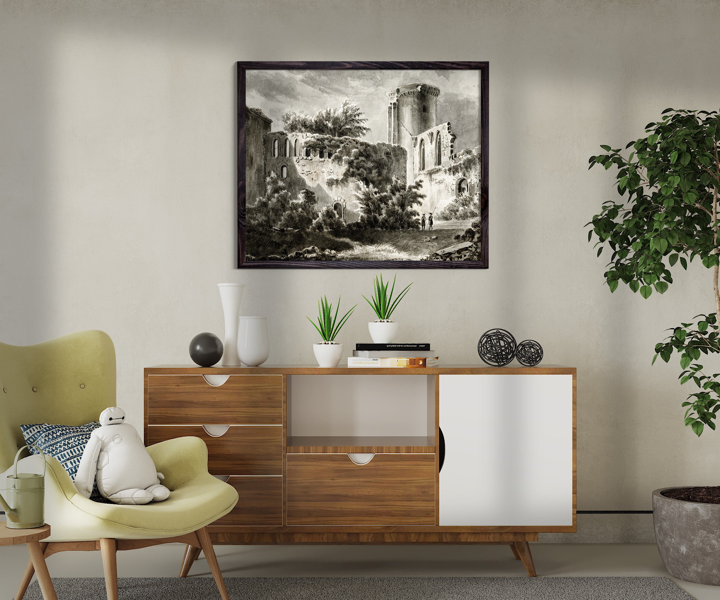 Vintage Castle Drawing Medieval Châteaux Wall Art Castle Tower ...