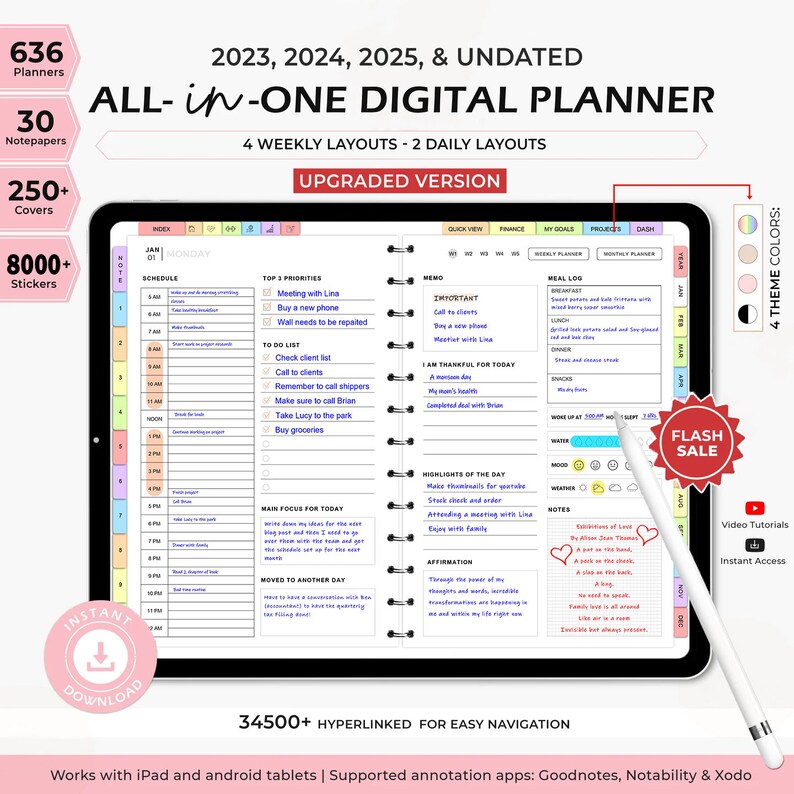 Digital Daily Planner 2024 2025 UNDATED, iPad Goodnotes Planner ...