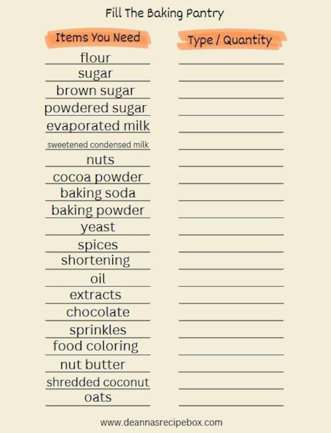 Fill the Baking Pantry Printable List - Etsy
