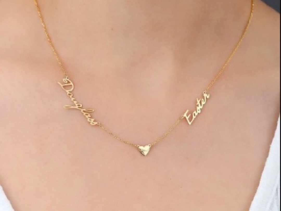 14K Solid Gold Two Name Necklace, 2 Names Necklace Custom Double Name ...