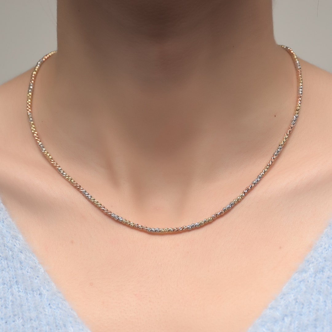 14K Gold Beaded Necklace 14K Solid Gold Necklacethree Tone - Etsy