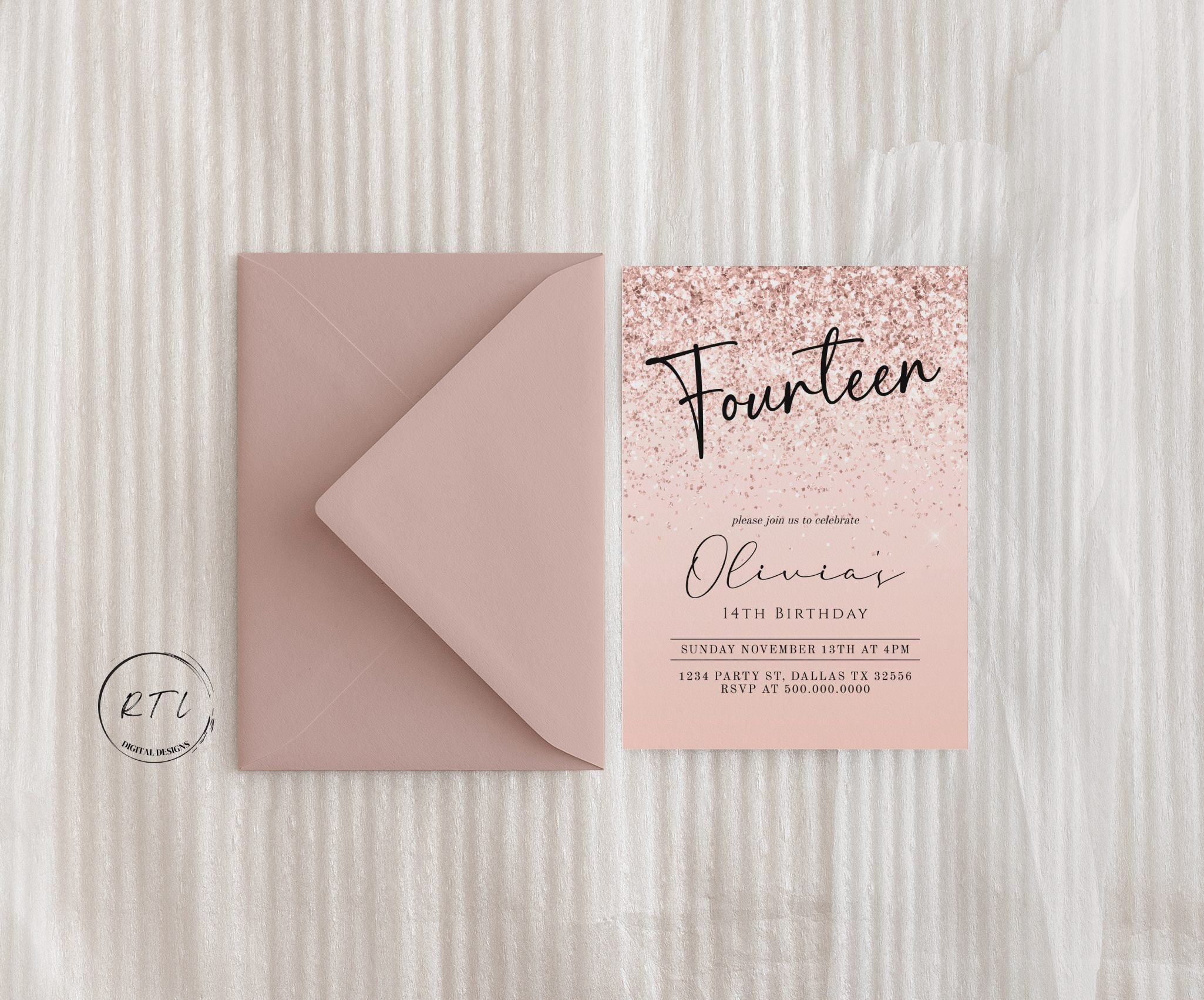 14th Birthday Invite Girl Pink Confetti Glitter Any - Etsy