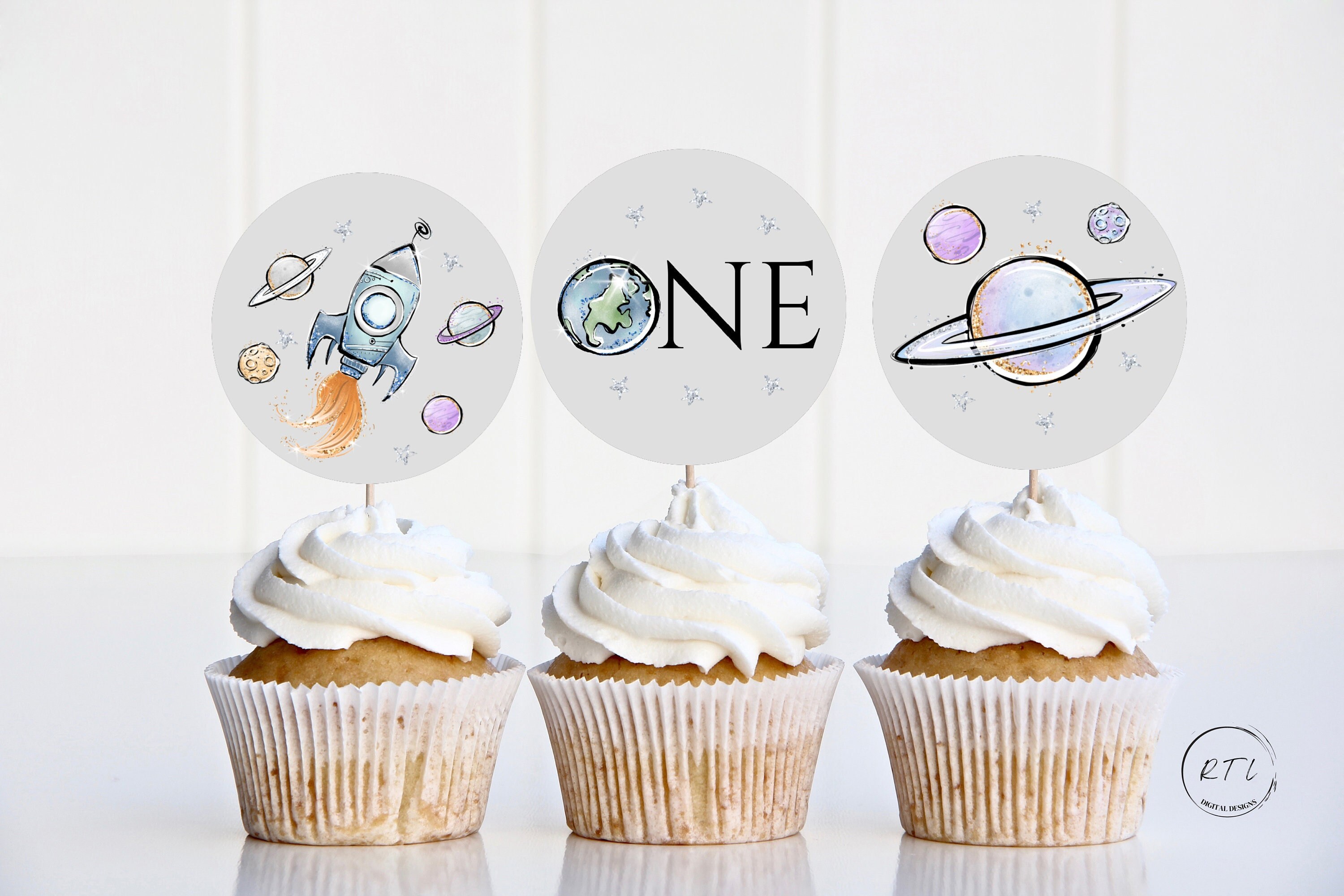 First Trip Around the Sun Birthday Cupcake Toppers, Outer Space Toppers ...