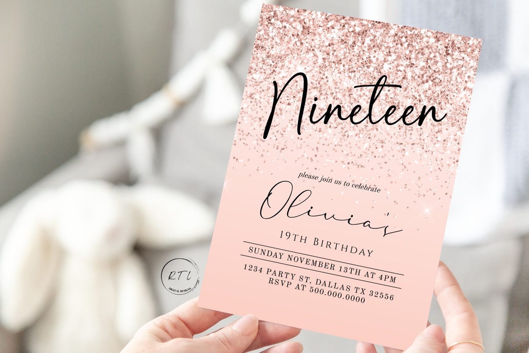 19th Birthday Invite Girl, Pink Confetti Glitter Any Age-editable ...