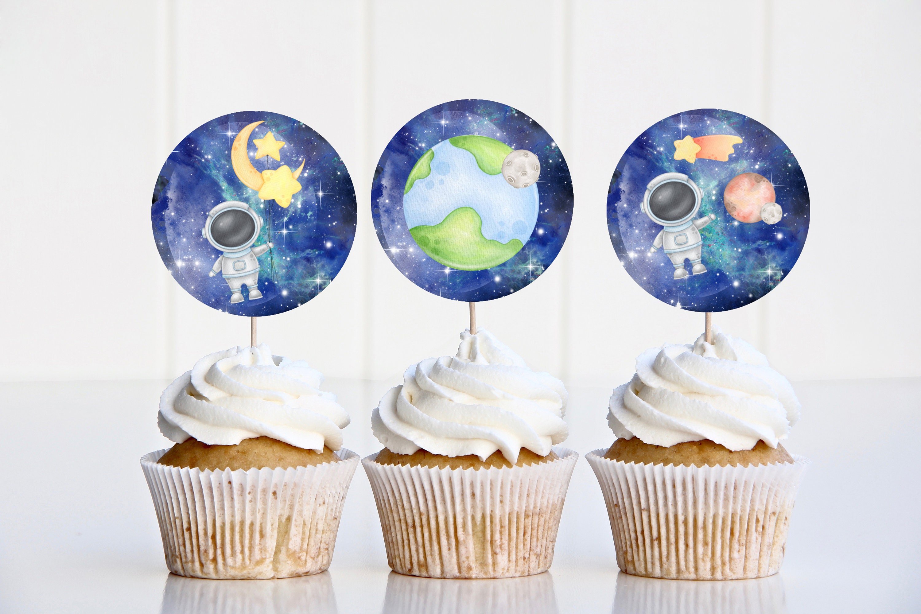 Outer Space Man Cupcake Toppers Birthday Favor Labels, Rocket Ship ...