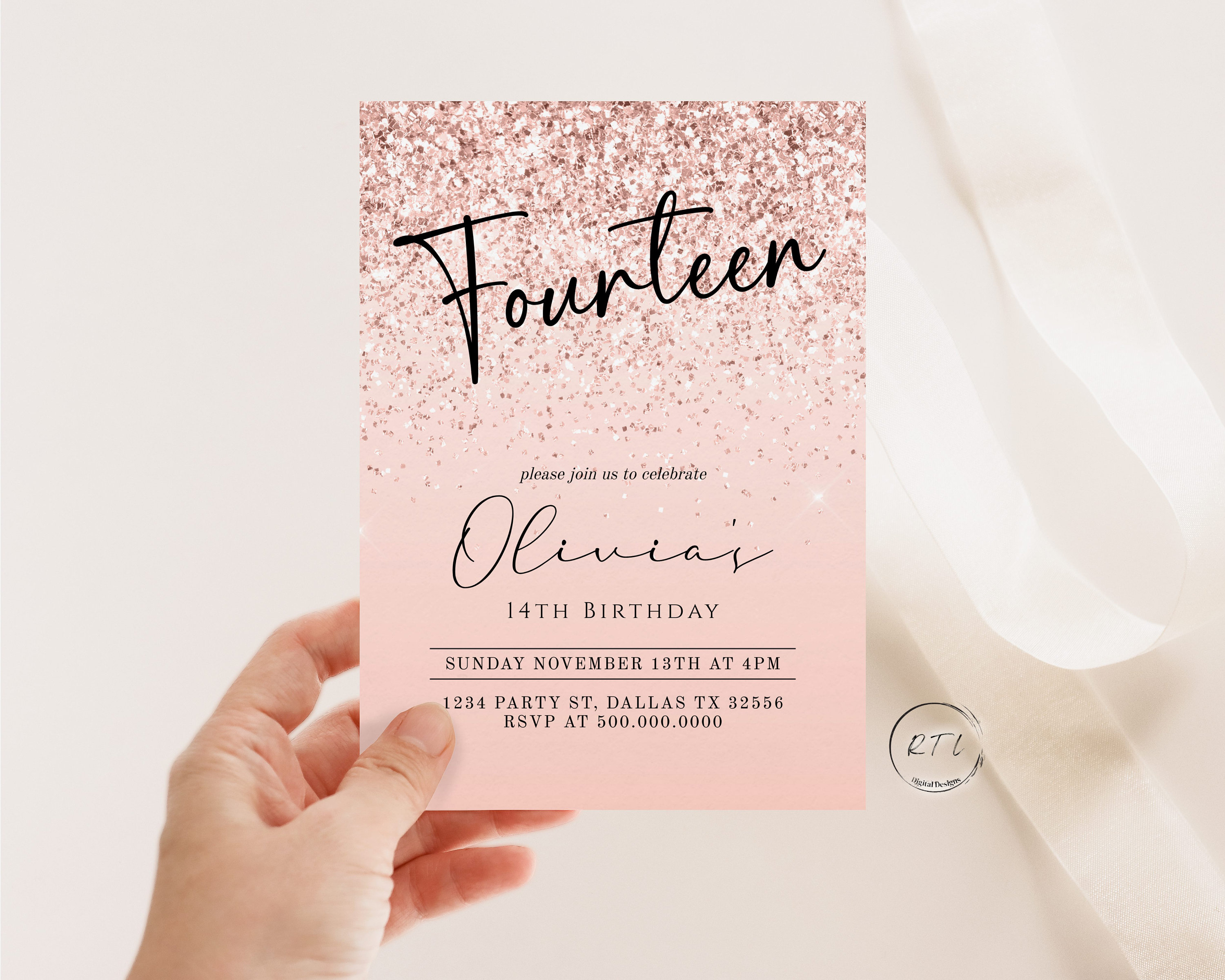 14th Birthday Invite Girl Pink Confetti Glitter Any - Etsy