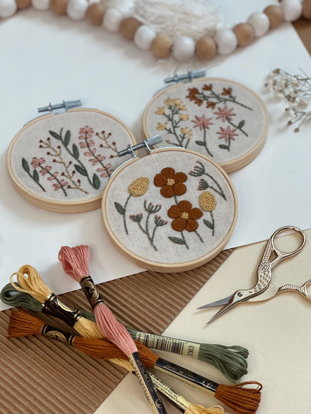 DIY 3-in-1 Beginner Embroidery Kit - 3 Inch Hoops - Mini Floral ...