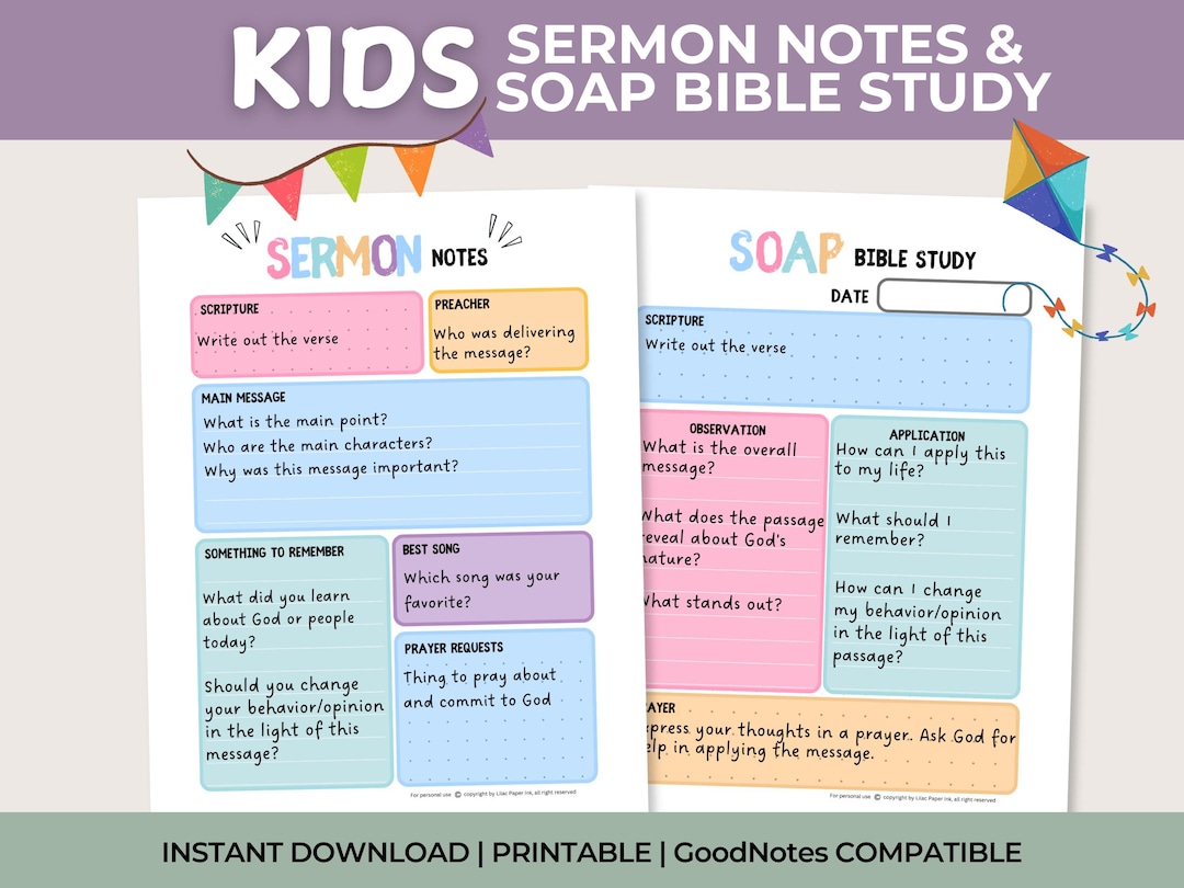 SOAP Bible Study Printable & Sermon Notes Kids Template Children's ...