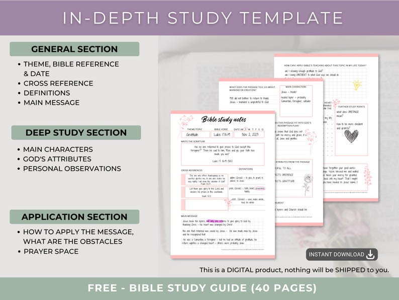 Bible Study Printable, in Depth Bible Study Worksheets, Digital Bible ...