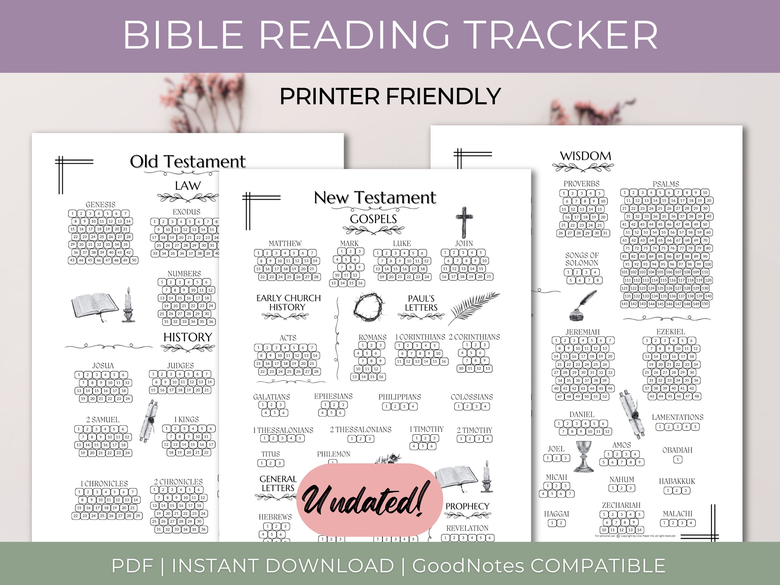 Bible Reading Tracker, Undated Bible Reading Log, Books of the Bible ...