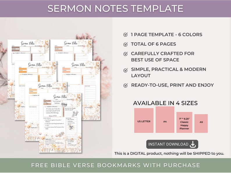 Sermon Notes Journal Printable & Digital Bible Journal, Sermon Summary ...