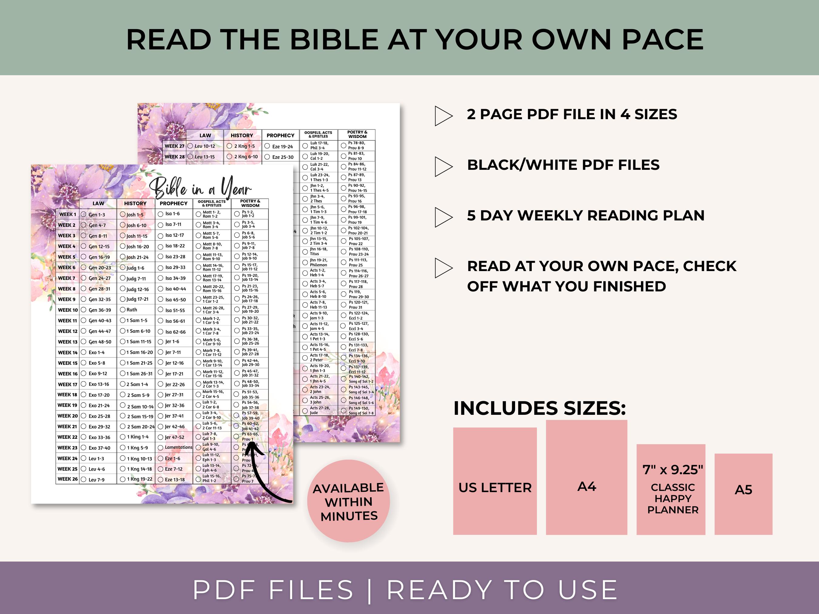 Bible in a Year Bible Reading Tracker Undated Printable One Year Bible ...