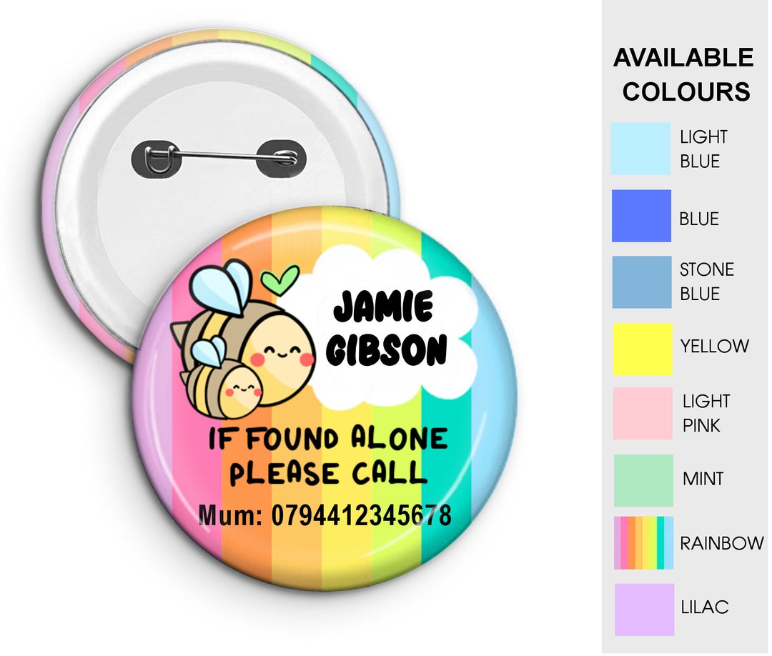Personalised Kids Bumble Bee ID Lost Child Button Badge / Emergency ...