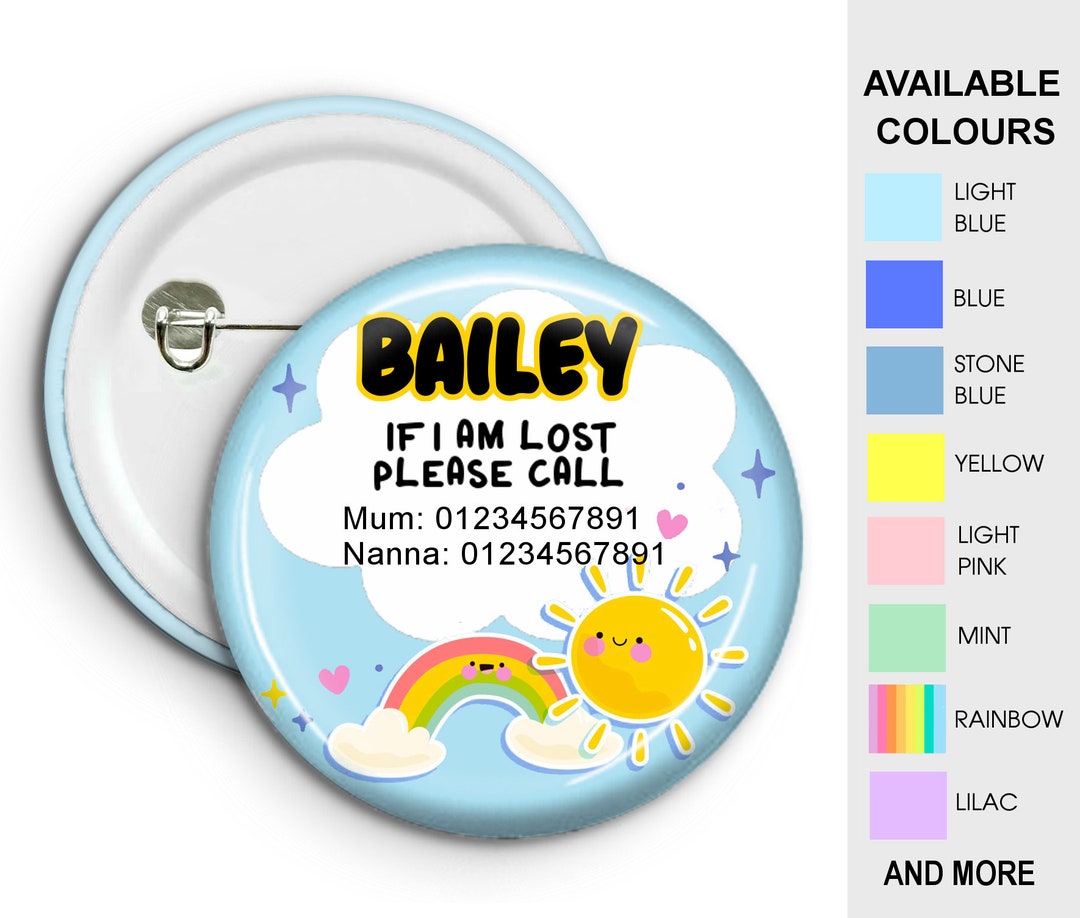 CUSTOM Cute Kids Lost Child Button Badge / Emergency Contact Details ...