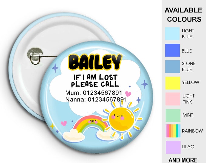 CUSTOM Cute Kids Lost Child Button Badge / Emergency Contact Details ...