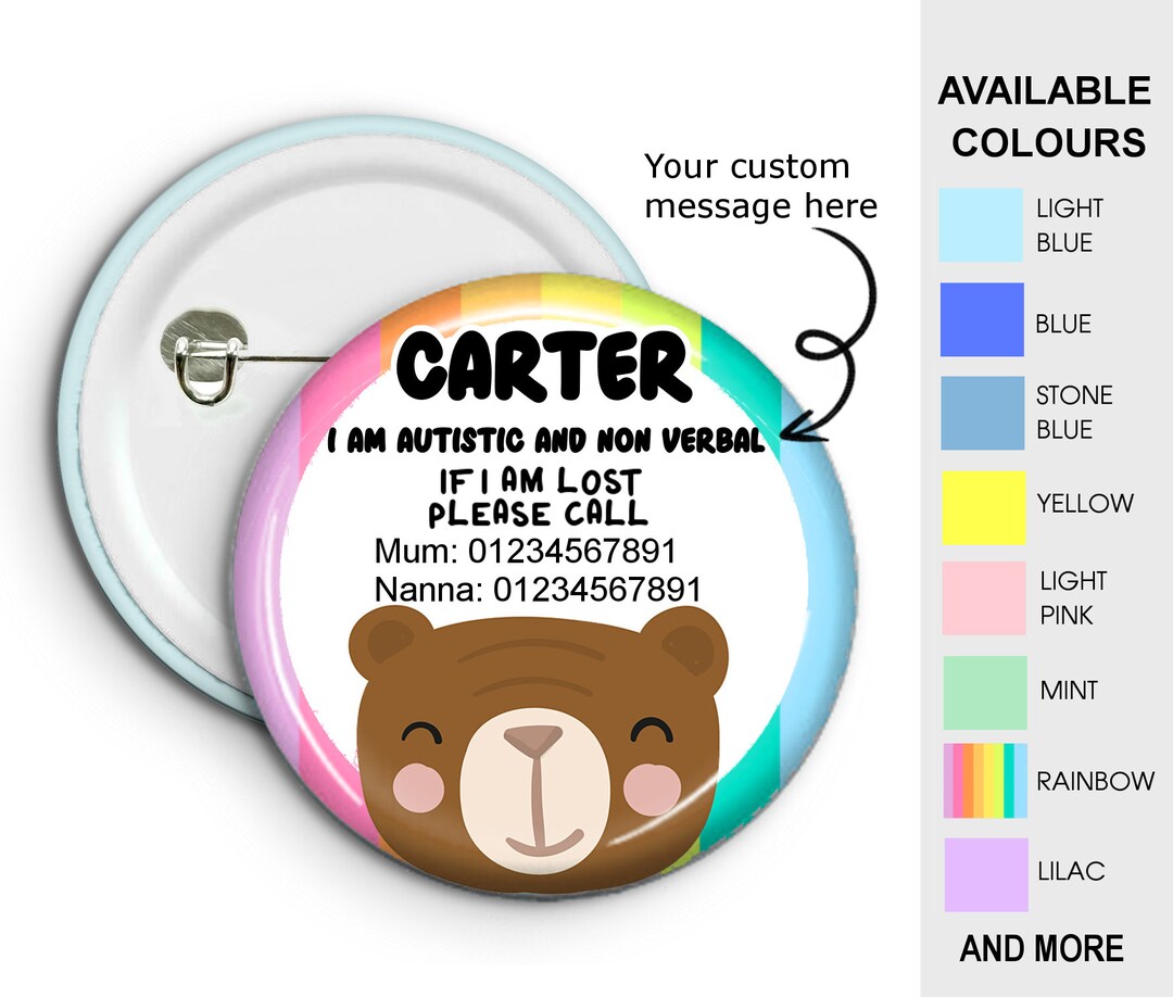 CUSTOM Teddy Bear Kids Lost Child Button Badge / Emergency Contact ...