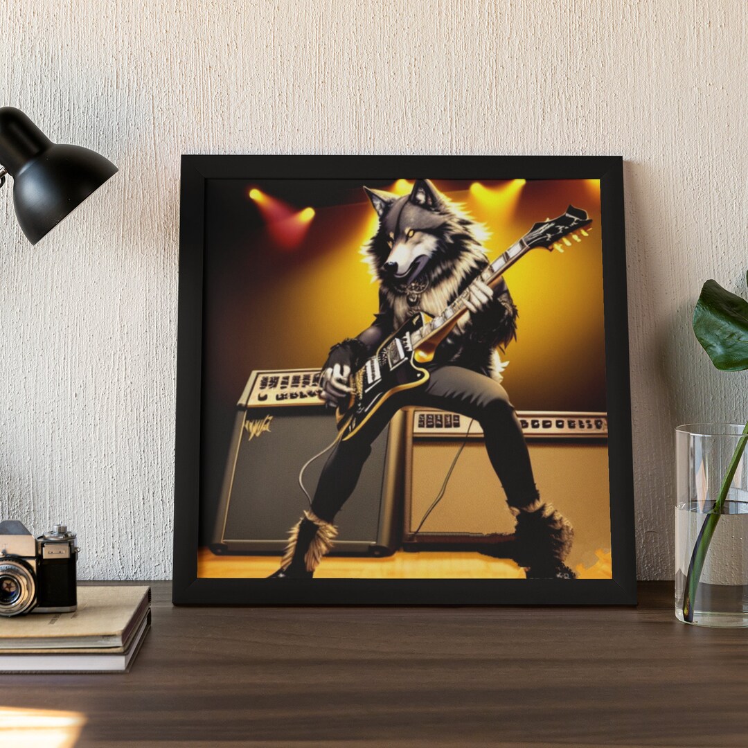 Musical Predator: Striking Wolf Playing Guitar, Digital Print for Home ...