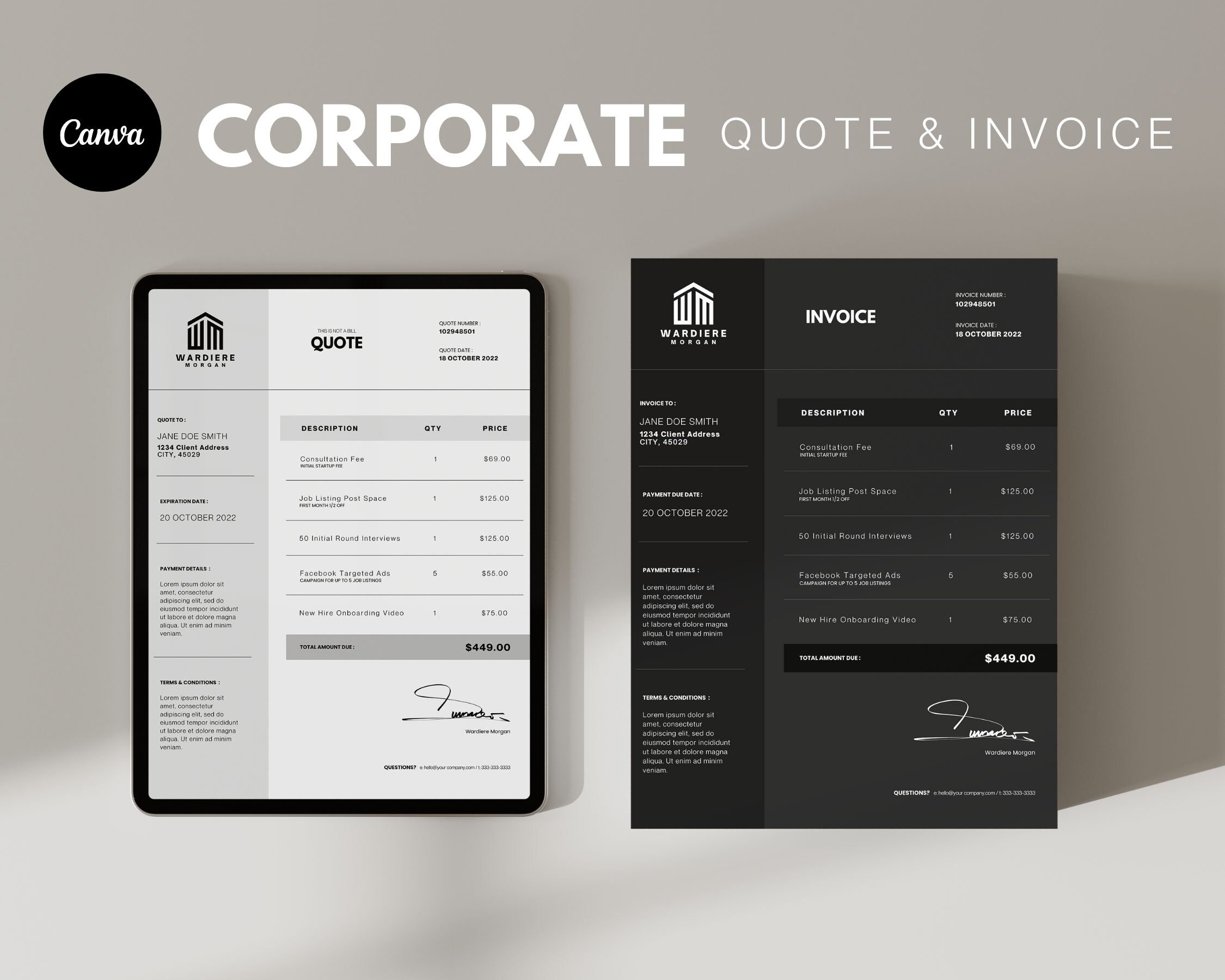 Corporate Business Quote & Invoice Template canva Customizable - Etsy
