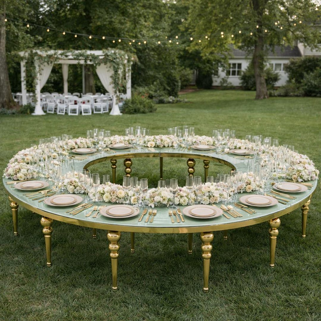 11 FT Gold Arc Party Table With Glass Top | S-shape Wedding & Event ...