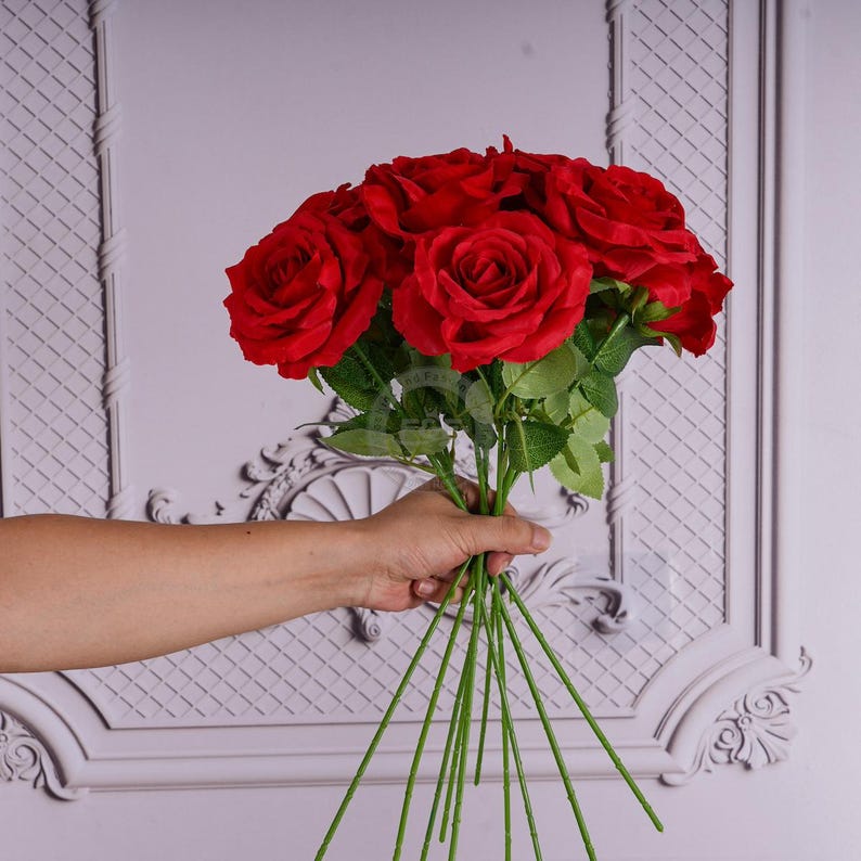 RED | Artificial Silk Rose Flowers,realistic Roses Bouquet Long Stem ...