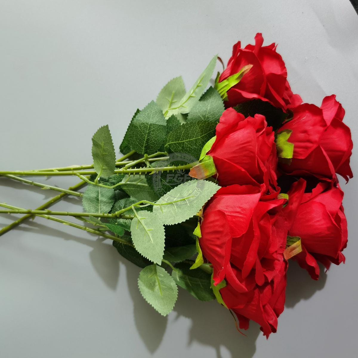 RED | Artificial Silk Rose Flowers,realistic Roses Bouquet Long Stem ...
