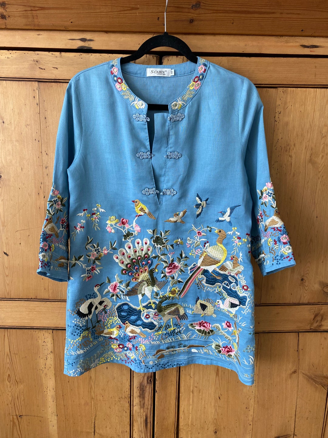 Vintage Embroidered Blue Tunic Dress ~ 3/4 Sleeves Size 6-8 ~ Bust 38 ...