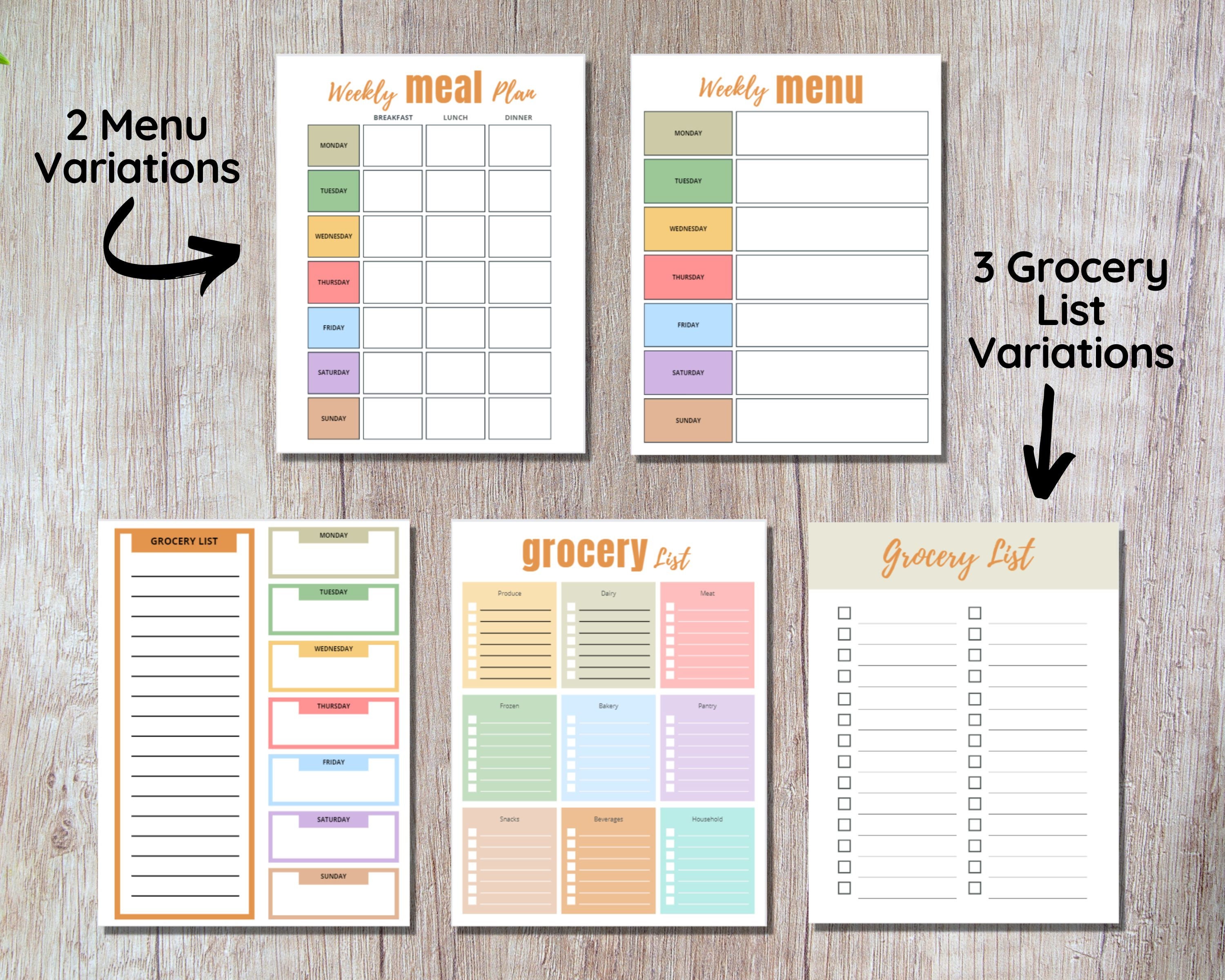 Weekly Meal Planner With Grocery List Printable Template, Instant ...