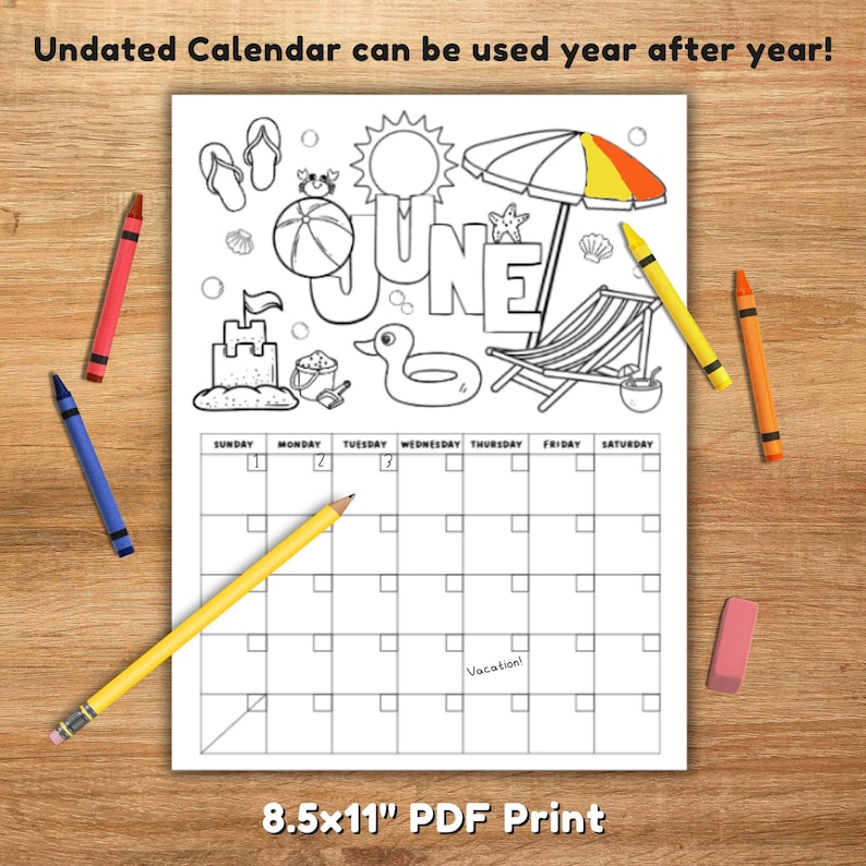 Printable Coloring Calendar for Kids, Monthly Coloring Pages, Undated ...