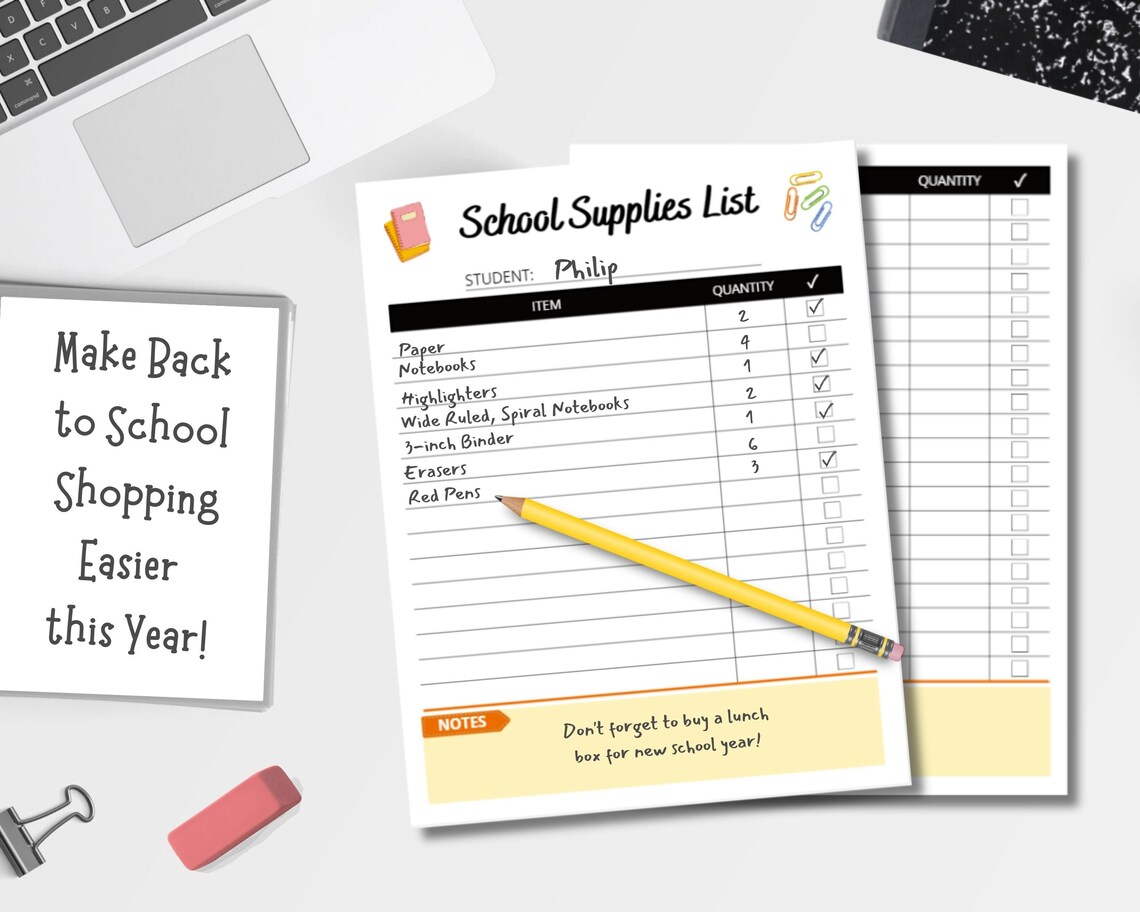 Back to School Shopping Supplies List, School Checklist, High School ...