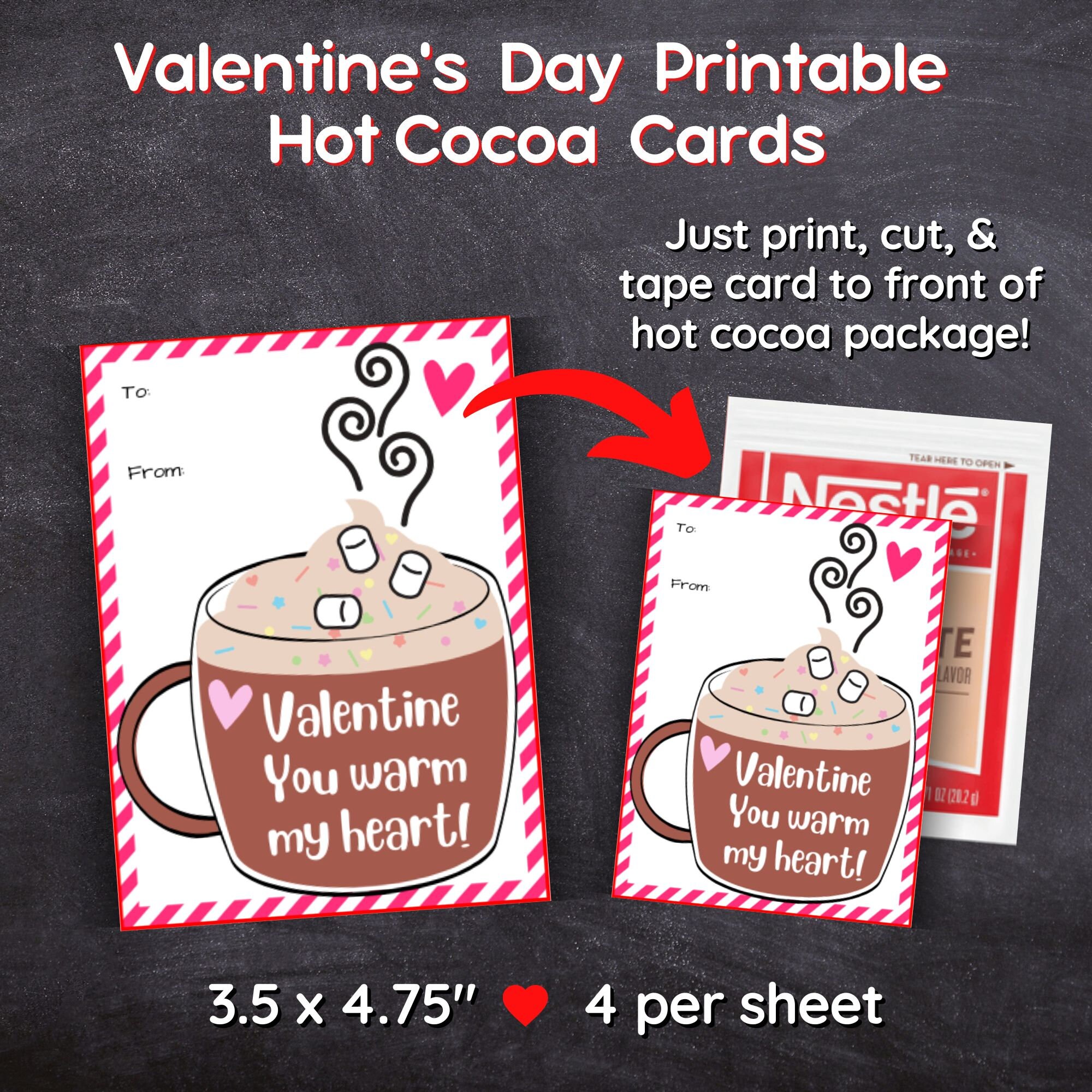 Valentines Day Cards for Kids, Printable Hot Cocoa Cards, School ...