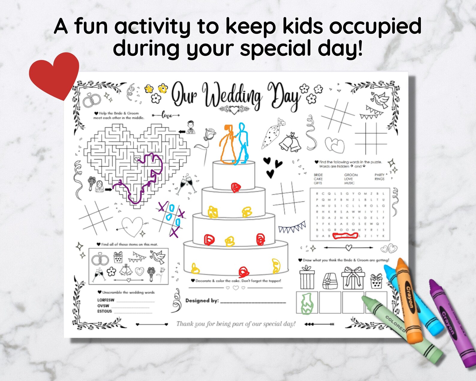 Wedding Placemat for Kids, Printable Paper Place Mat, Reception Toddler ...