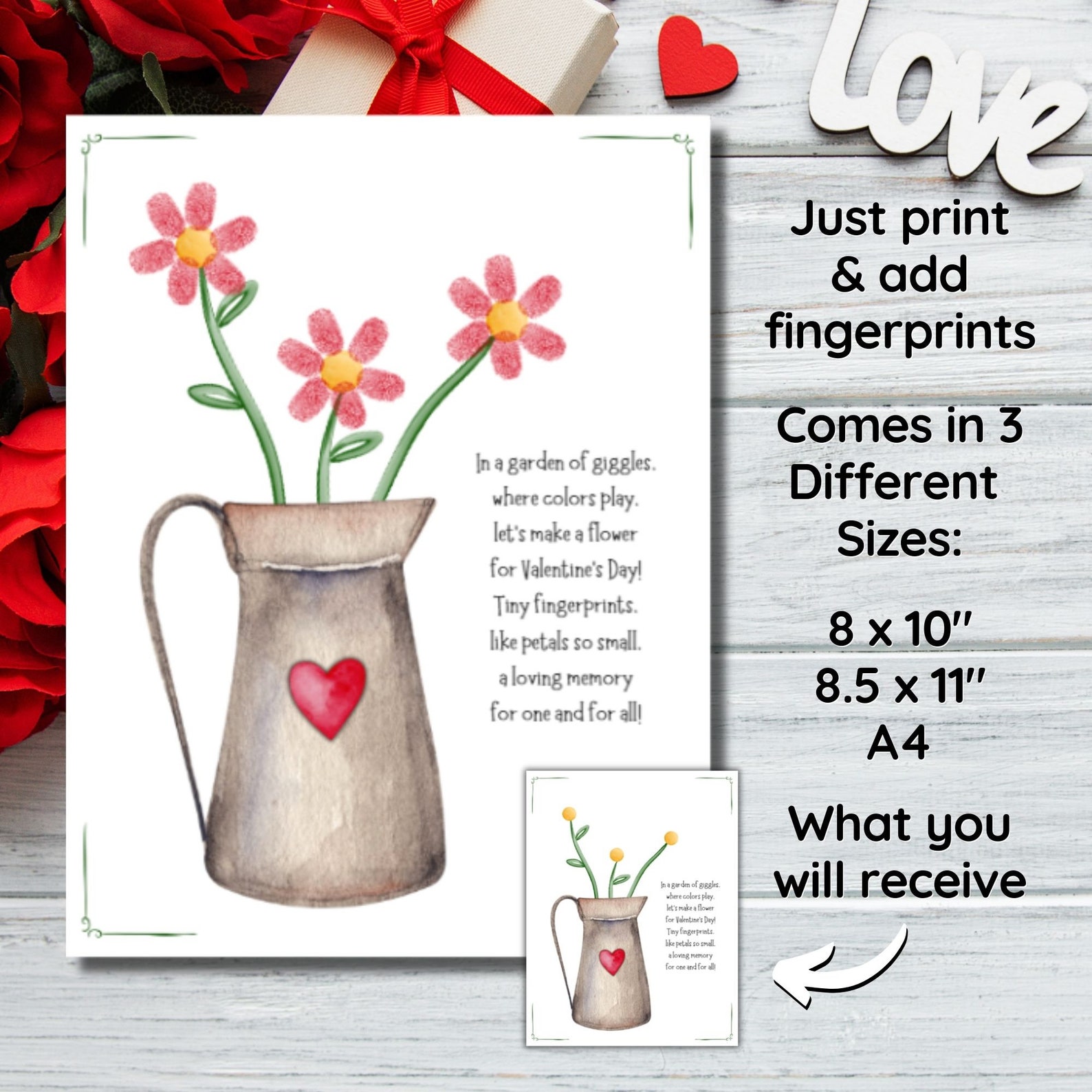 Valentines Day Handprint Art DIY Printable Craft, Fingerprint Craft ...