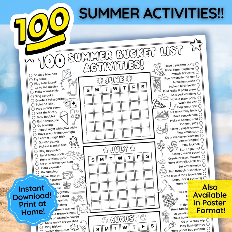 Kids Summer Bucket List Printable Poster, Summer Scavenger Hunt, Summer ...