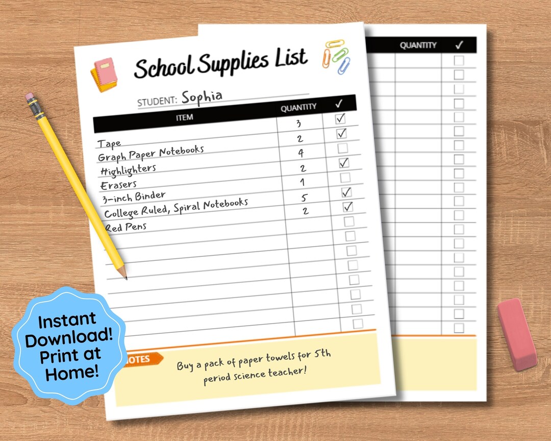 Back to School Shopping Supplies List, School Checklist, High School ...