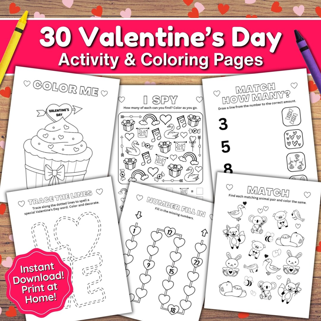 Valentines Day Coloring Page & Activity Pack for Kids, Printable ...