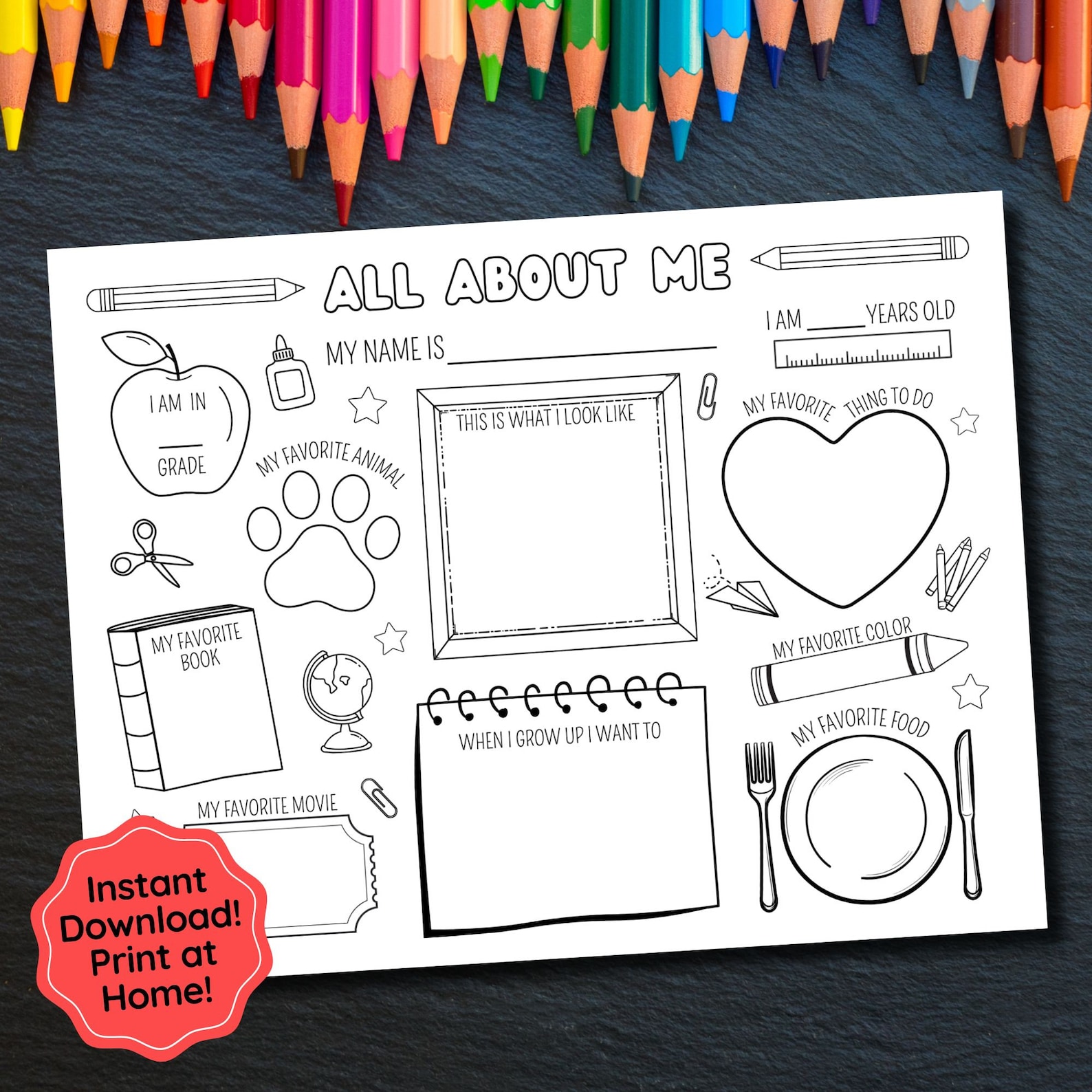All About Me Printable Activity Coloring Page, Back to School Get to ...