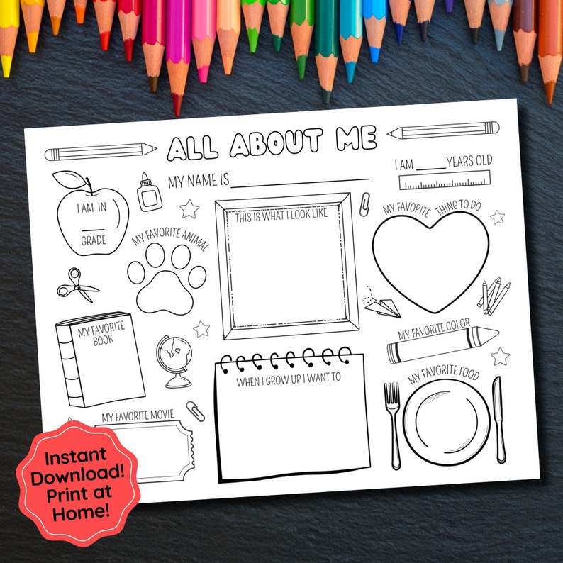 All About Me Printable Activity Coloring Page, Back to School Get to ...