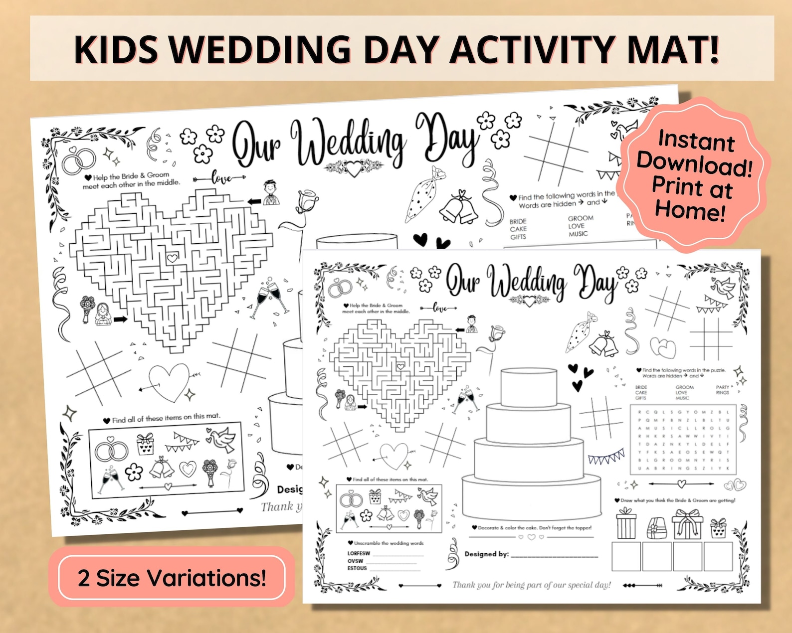 Wedding Placemat for Kids, Printable Paper Place Mat, Reception Toddler ...