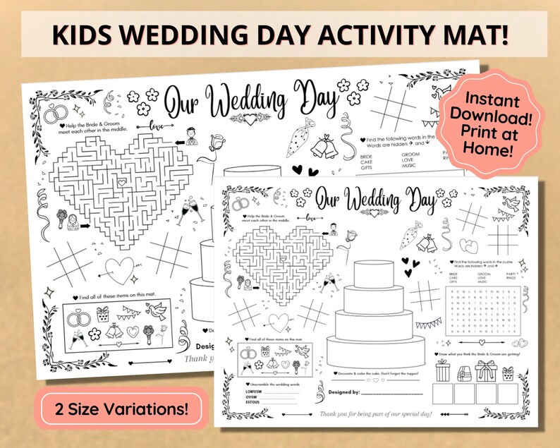 Wedding Placemat for Kids, Printable Paper Place Mat, Reception Toddler ...