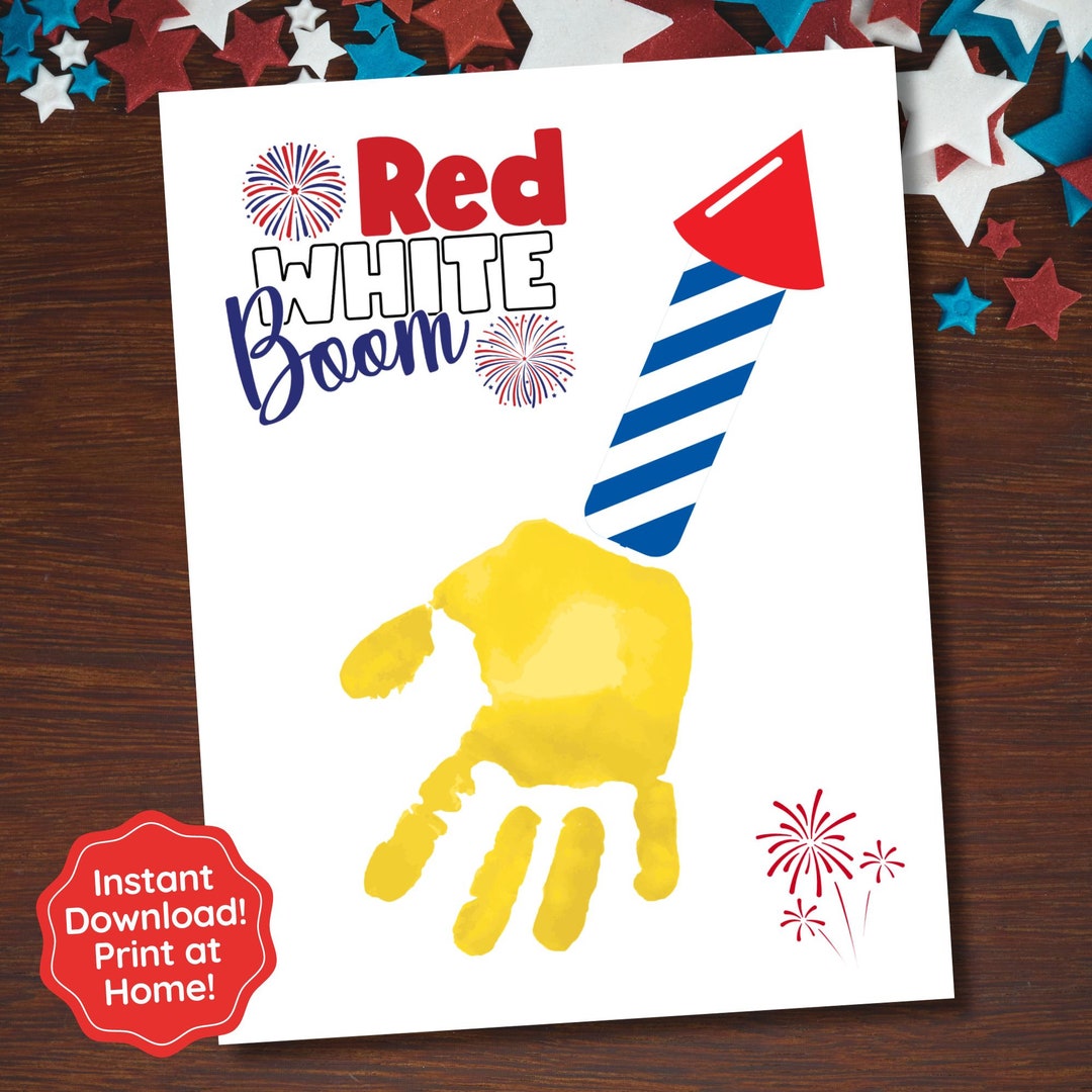 4th of July Firework Handprint Craft, Red White Boom Rocket DIY Craft ...