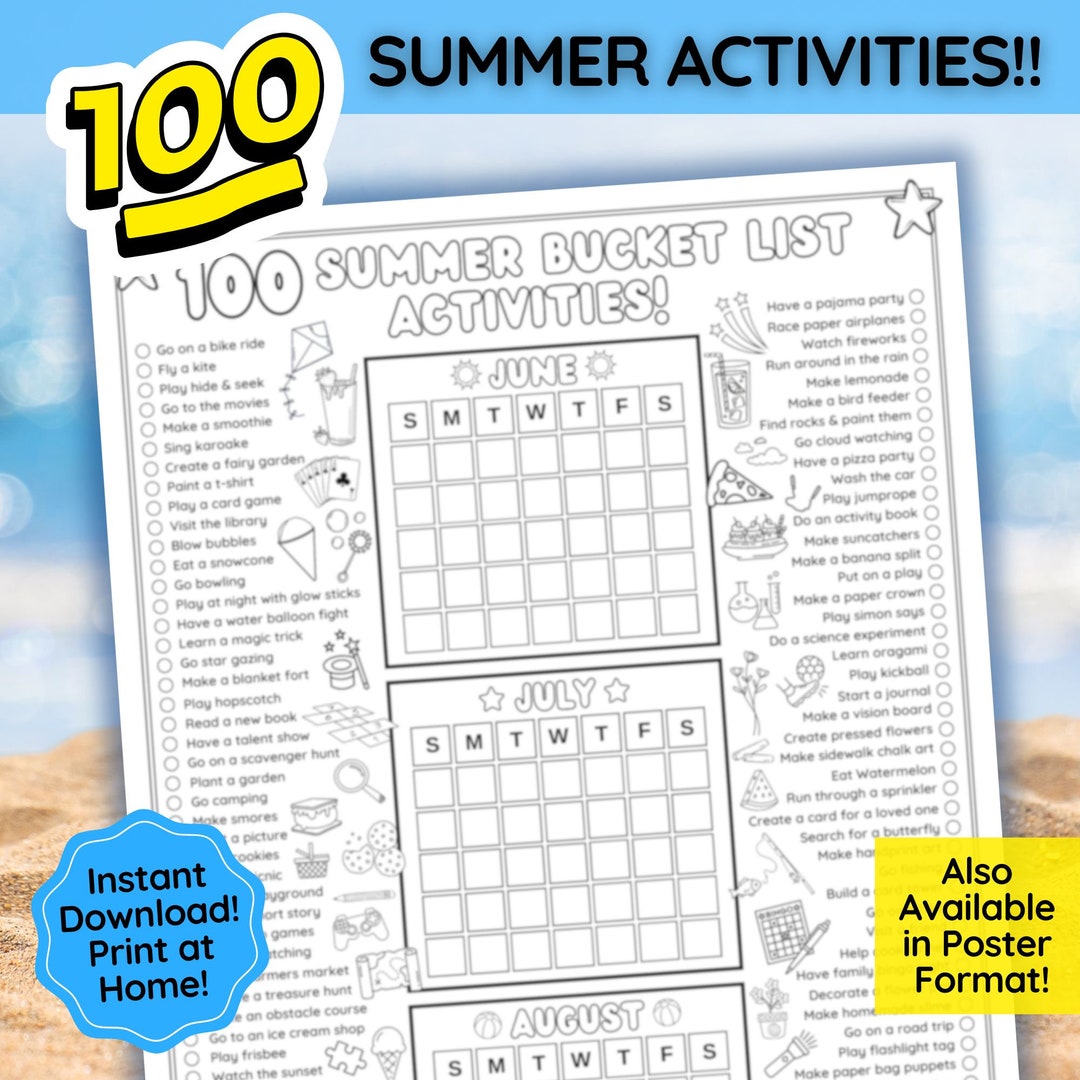 Kids Summer Bucket List Printable Poster, Summer Scavenger Hunt, Summer ...