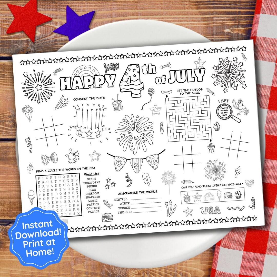 4th of July Kids Activity Sheet, 4th of July Kids Coloring Placemat ...