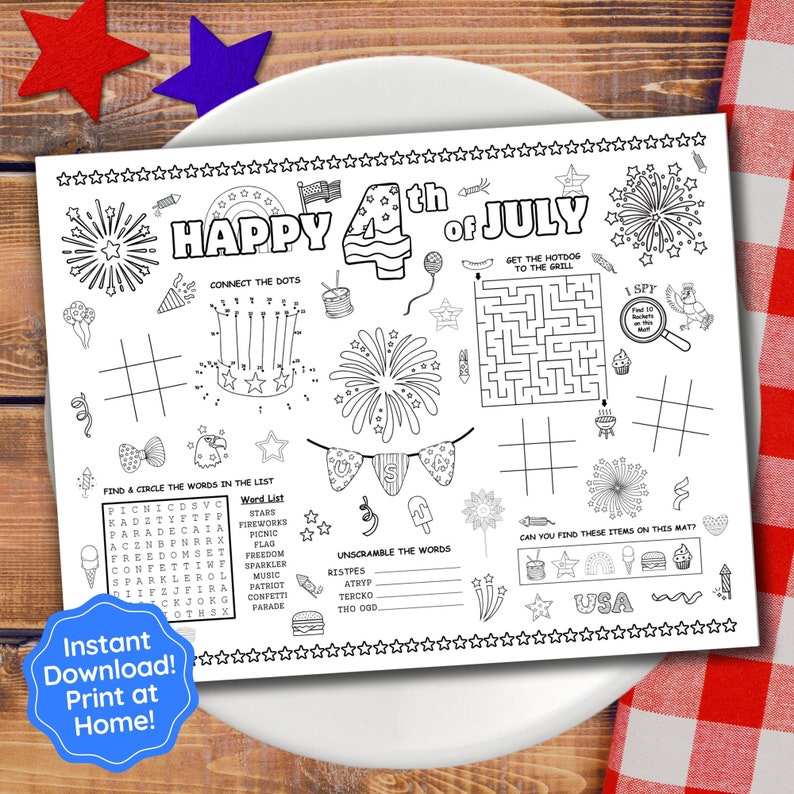 4th of July Kids Activity Sheet, 4th of July Kids Coloring Placemat ...